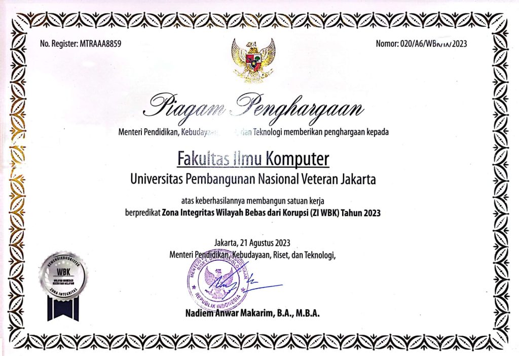 Piagam Penghargaan Zona Integritas - Fakultas Ilmu Komputer UPN Veteran Jakarta